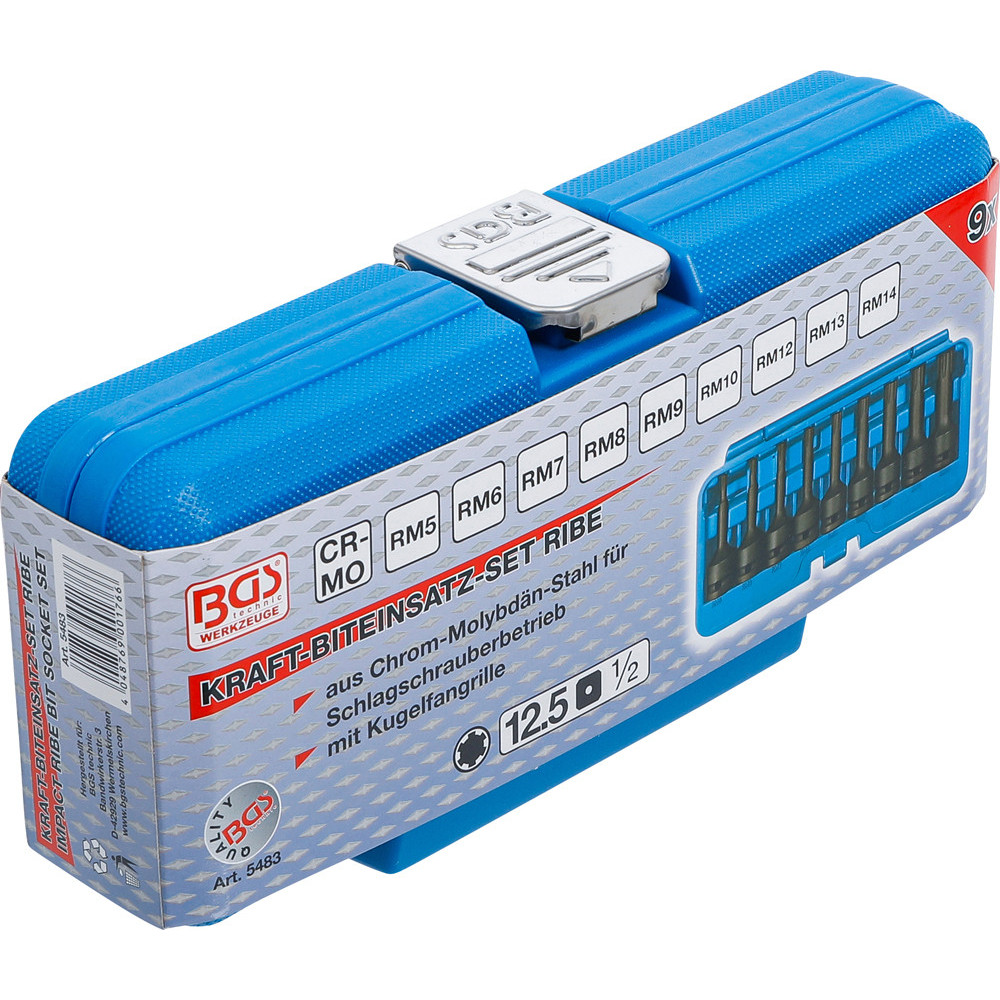 Jeu de douilles à embouts à choc - 12,5 mm (1/2") - Profil cannelé (pour Ribe) M5 - M14 - 9 ...